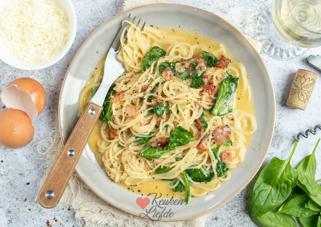 Spaghetti carbonara met spinazie - KeukenLiefde